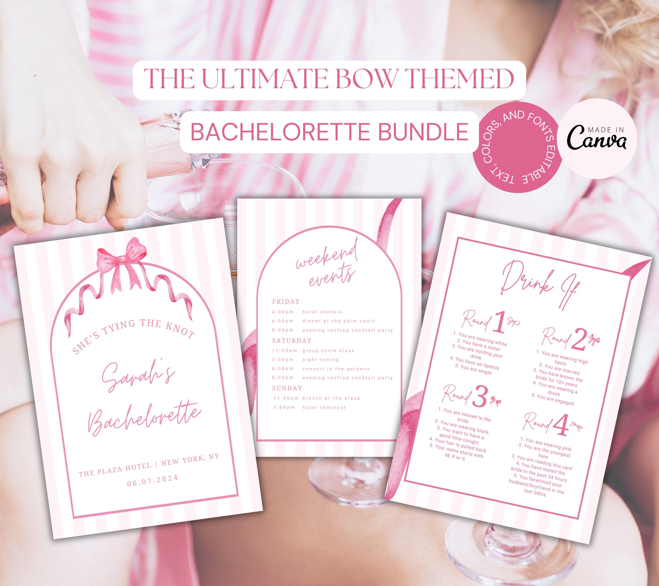 Pink Bow-themed Bachelorette Party Invitation & Itinerary, Games ...