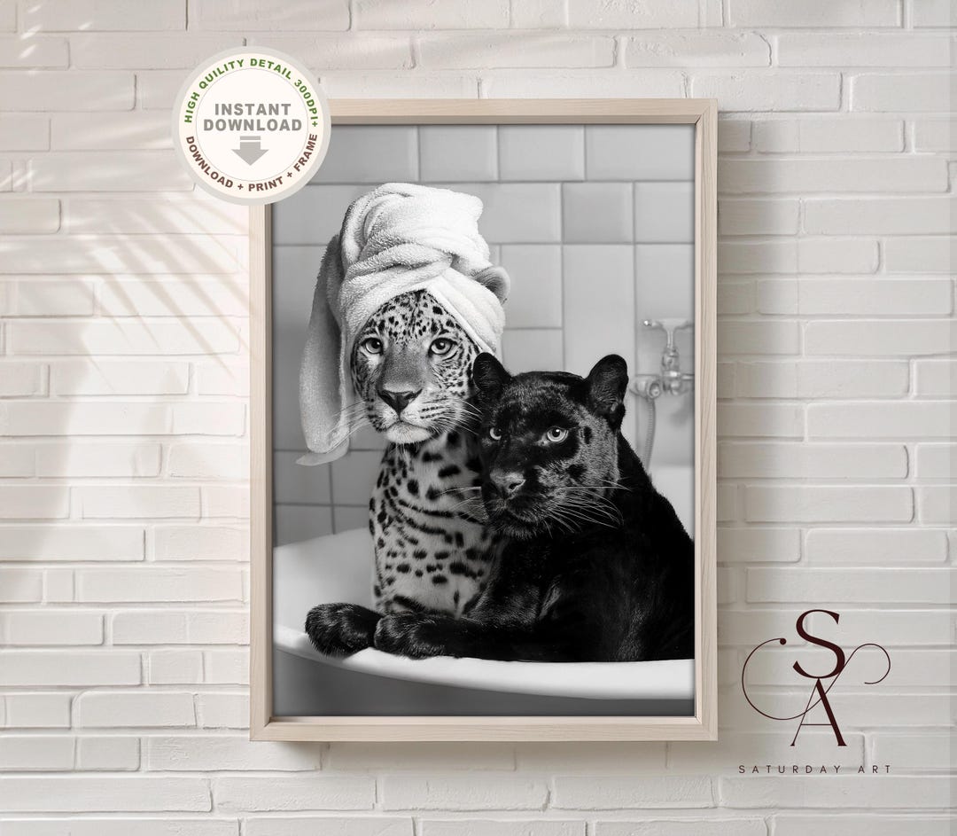 Adorable Leopard and Panther Cubs in Bathtub Print Art, Black and White ...