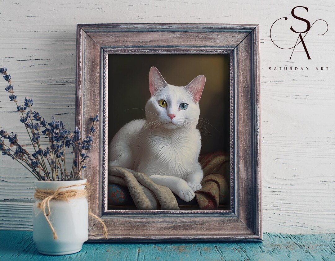 Diamond Eye Cat Art Print, Cute Kitty on Sofa, Khao Manee Cat, Poster ...