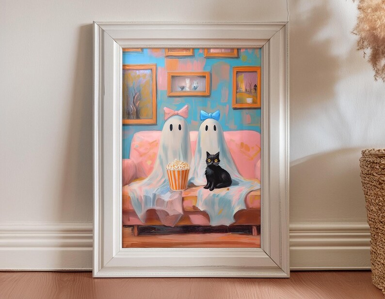 Cute Pink Ghost on Sofa Printable Art - Pink Halloween Decor, Charming ...