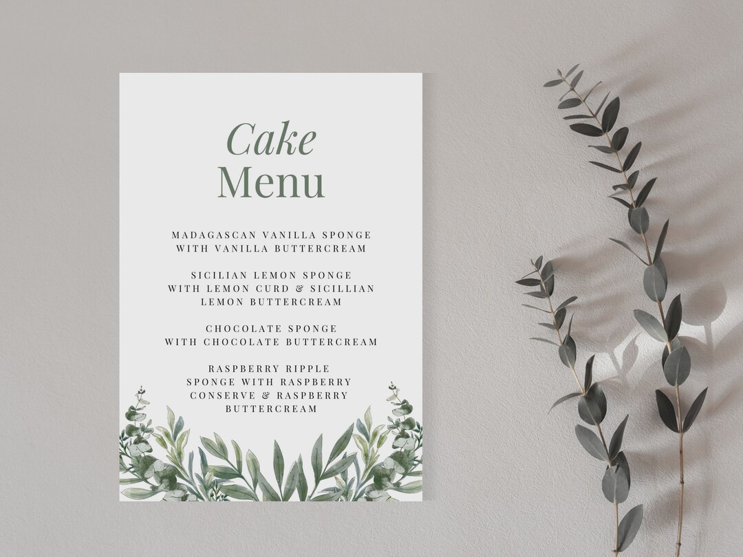Cake Menu Sign Wedding Template, Eucalyptus Sage Green Wedding Signs ...
