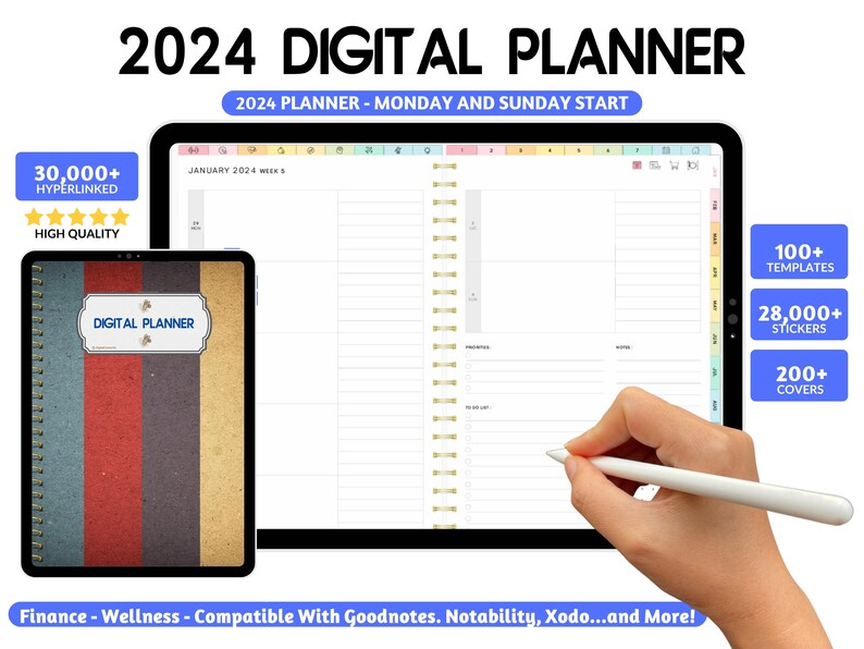 Digital Planner 2024 Monday and Sunday Goodnotes Notability Templates ...