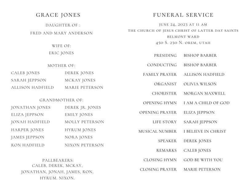 Funeral Program Template Bi-fold Brochure Pamphlet for LDS and Other ...