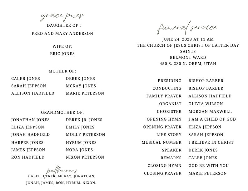 Funeral Program Template Bi-fold Brochure Pamphlet for LDS and Other ...