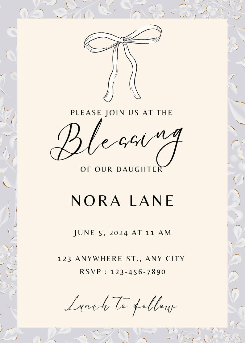 LDS Baby Blessing Invitation Template Bow Floral Decorative Invite ...