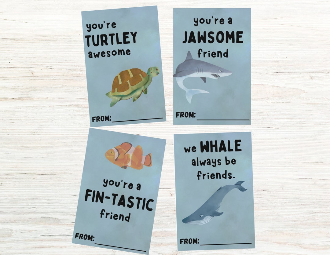 Ocean Theme Valentines Day Card Shark Whale Fish Turtle Be Mine ...