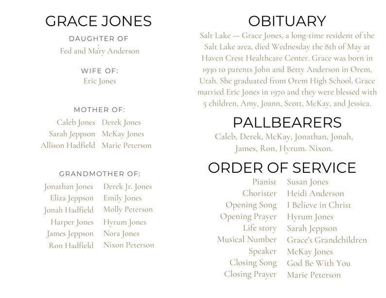 Funeral Program Template Bi-fold Brochure Pamphlet for LDS and Other ...