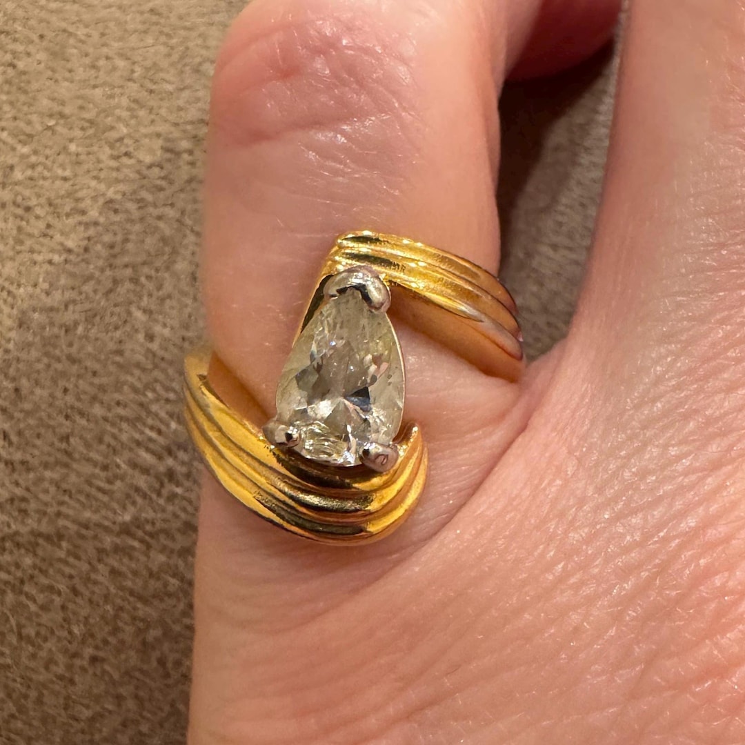 Gold Tone PD Ring Pear Shape Spiral Band Clear Lab Created Crystal Size ...