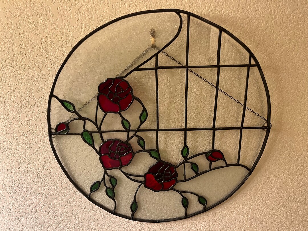 Stained Glass Red Roses Window Panel Handcrafted 20" Round Beautiful ...