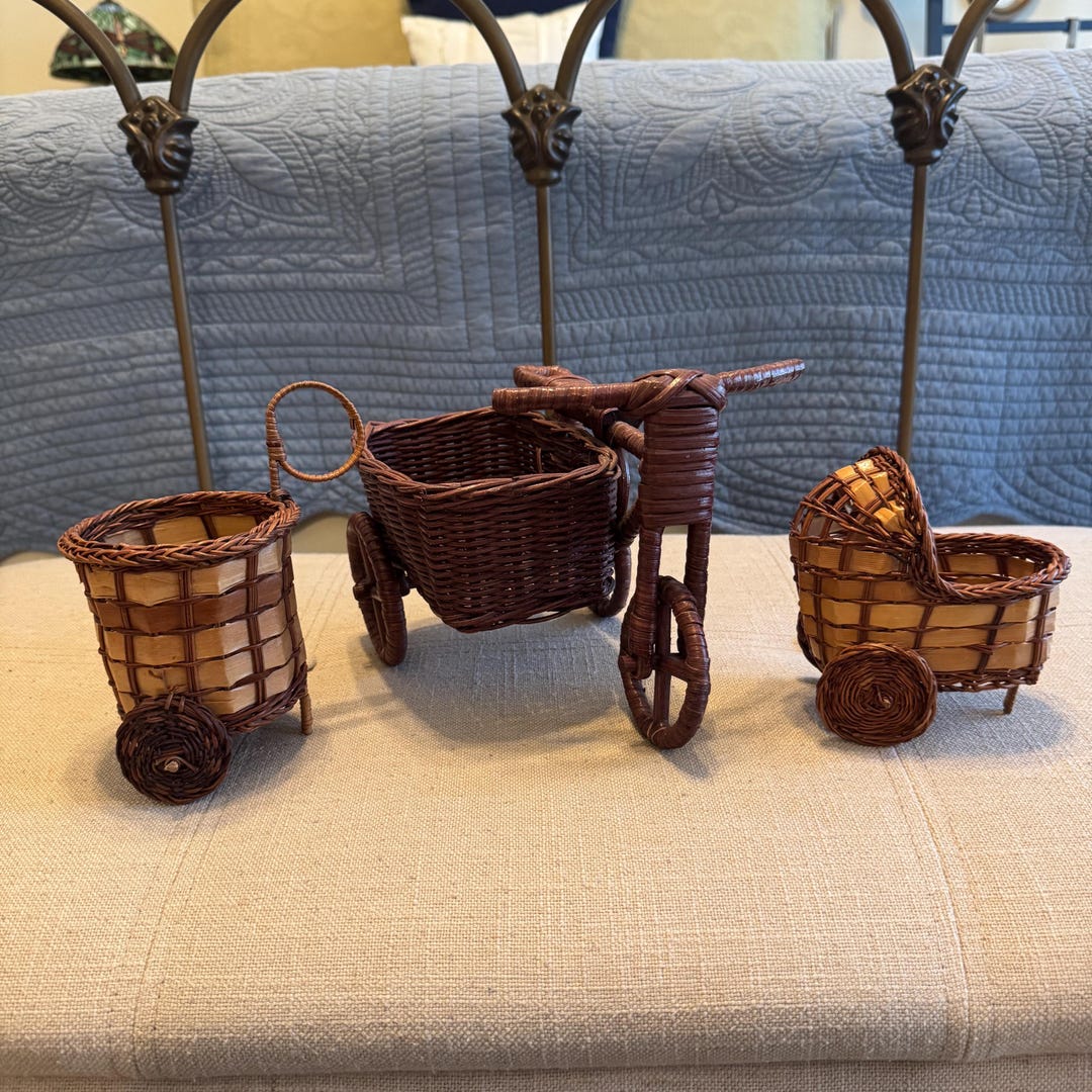 VTG Mini Woven Baskets With Wheels Lot of 3- Bicycle Baby Carriage ...