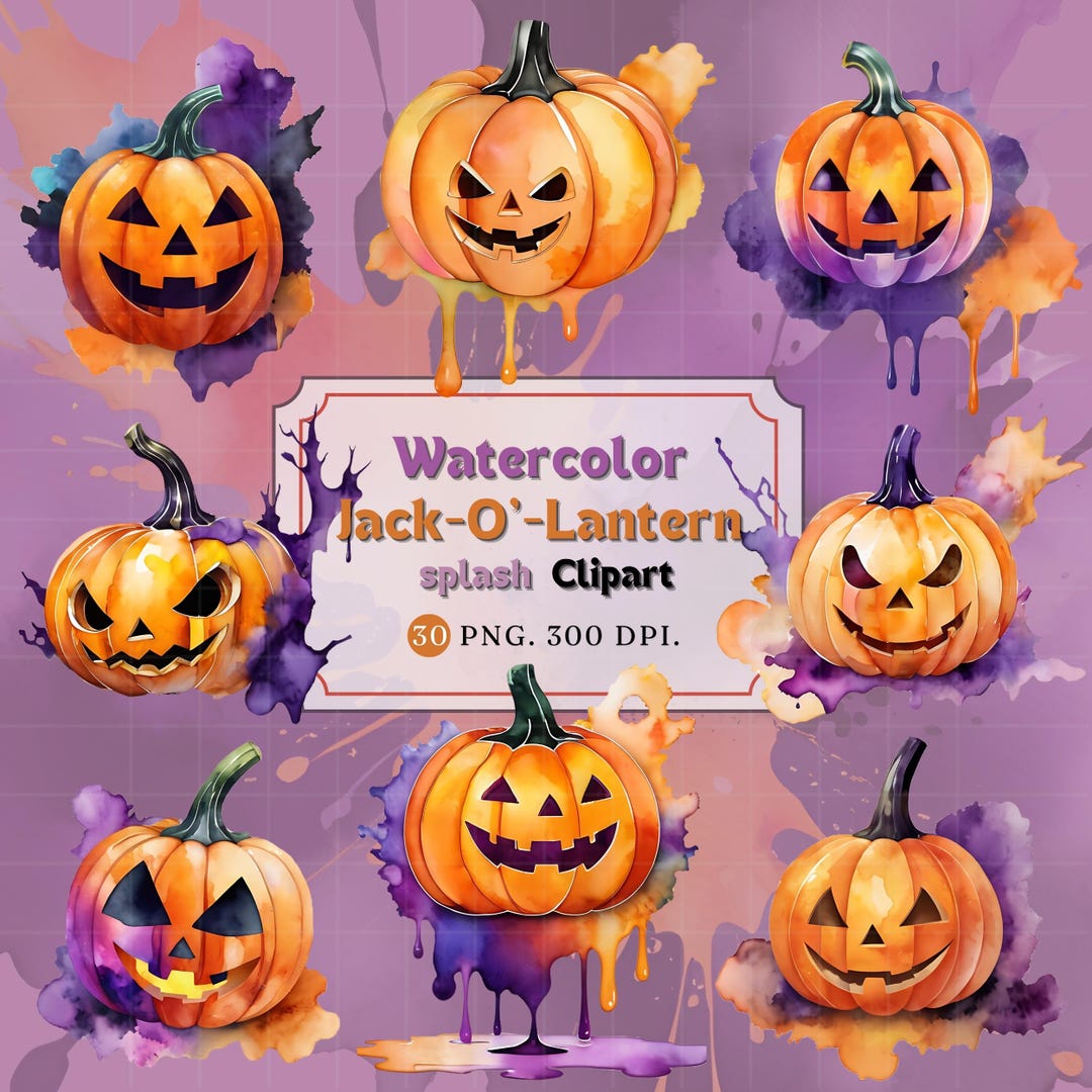 Watercolor Halloween Splash Clip Art Pumpkins,jack-o'-lanter– Perfect ...