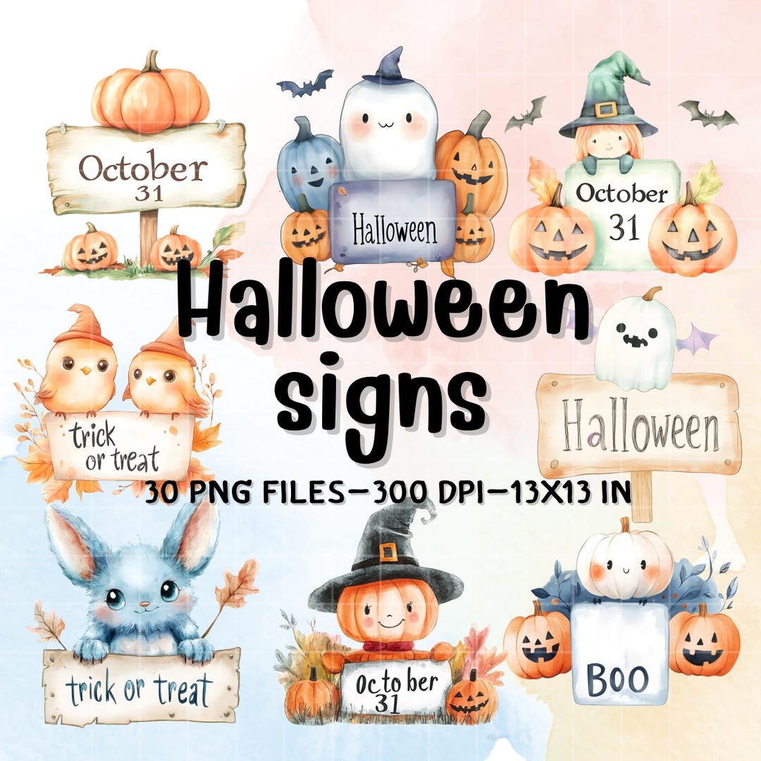 Halloween Signs Clipart Set, Soft Watercolor Digital Art, Spooky Cute ...