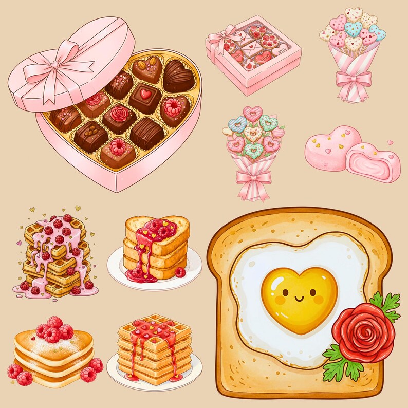Valentine Bakery Clipart Set, Cute Heart Desserts PNG Bundle, Sweet ...