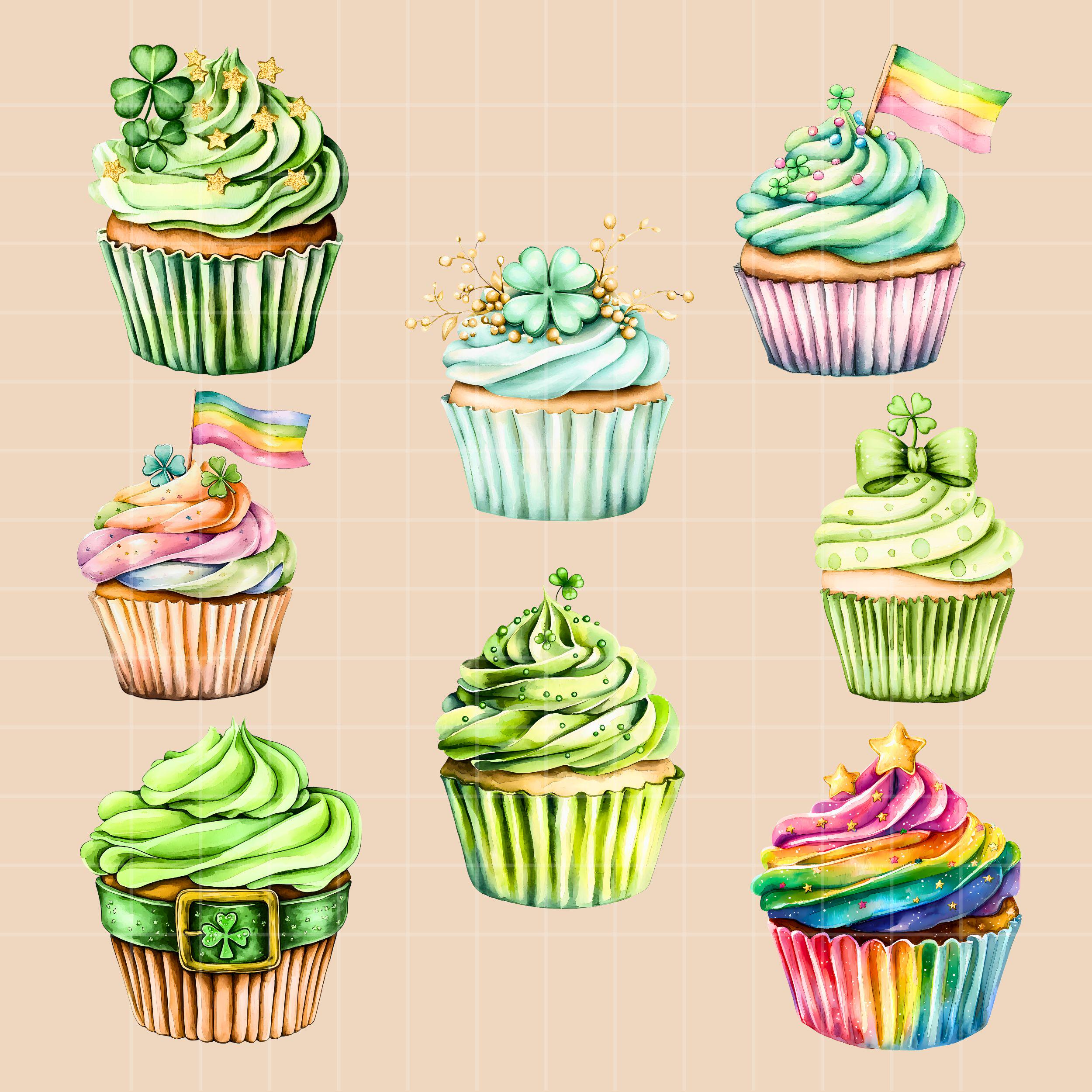 St. Patrick's Day Cupcake Watercolor Clipart, Irish Green Cupcake PNG ...