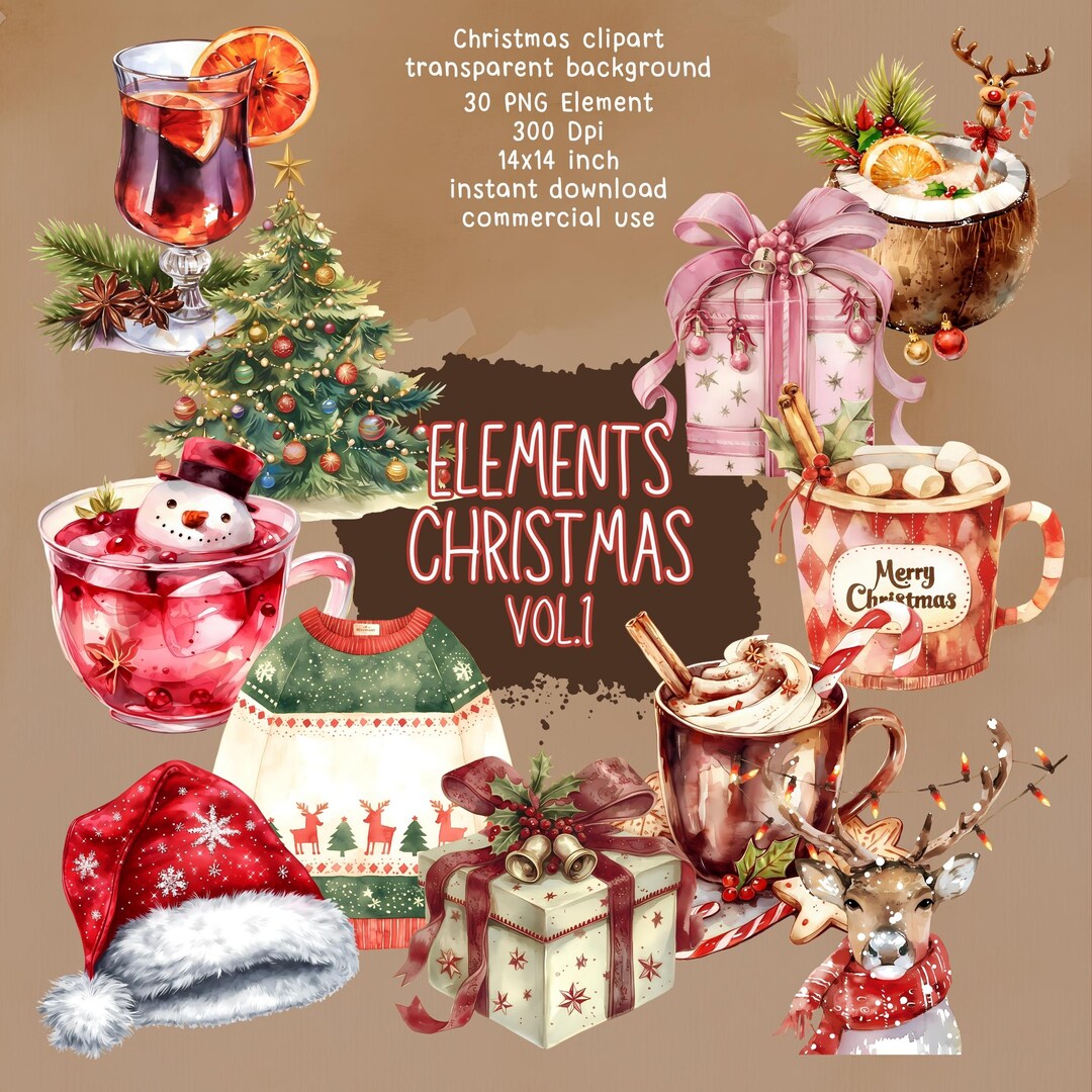 Christmas Clipart Bundle With 30 PNG Elements Transparent Backgrounds ...