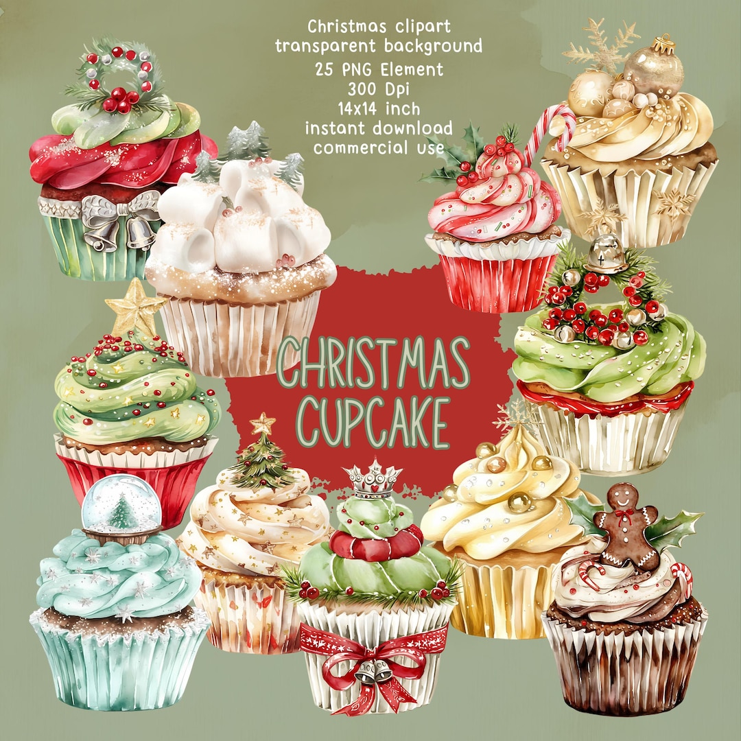 Christmas Cupcake Clipart Set, Watercolor Holiday Cupcake Illustrations ...