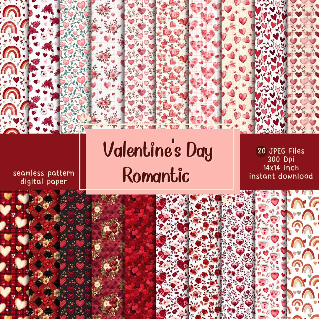 Valentine's Day Digital Paper Pack 20 Seamless Patterns, Heart, Rainbow ...