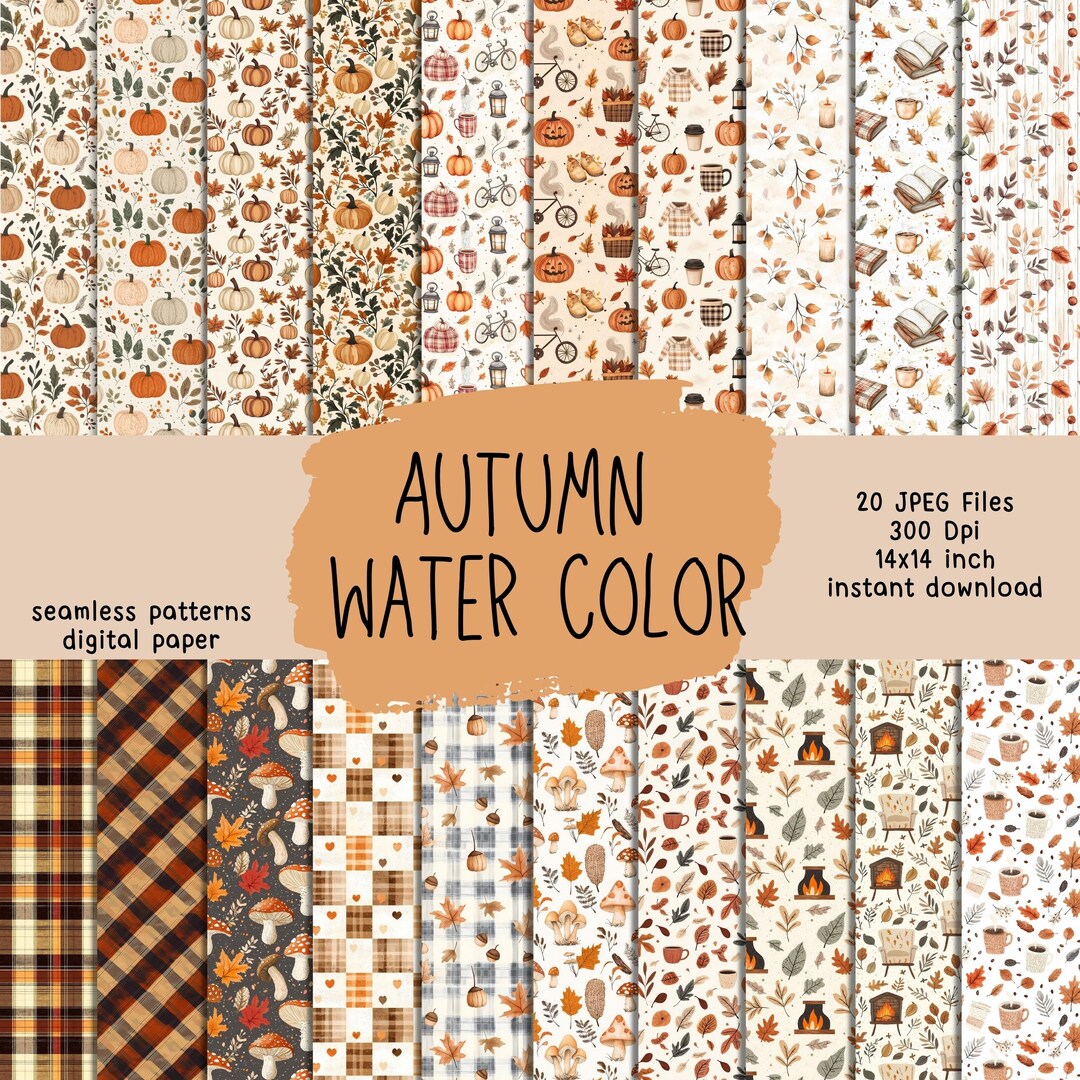 Fall Autumn Watercolor Seamless Patterns Digital Paper, Autumn Leaves ...