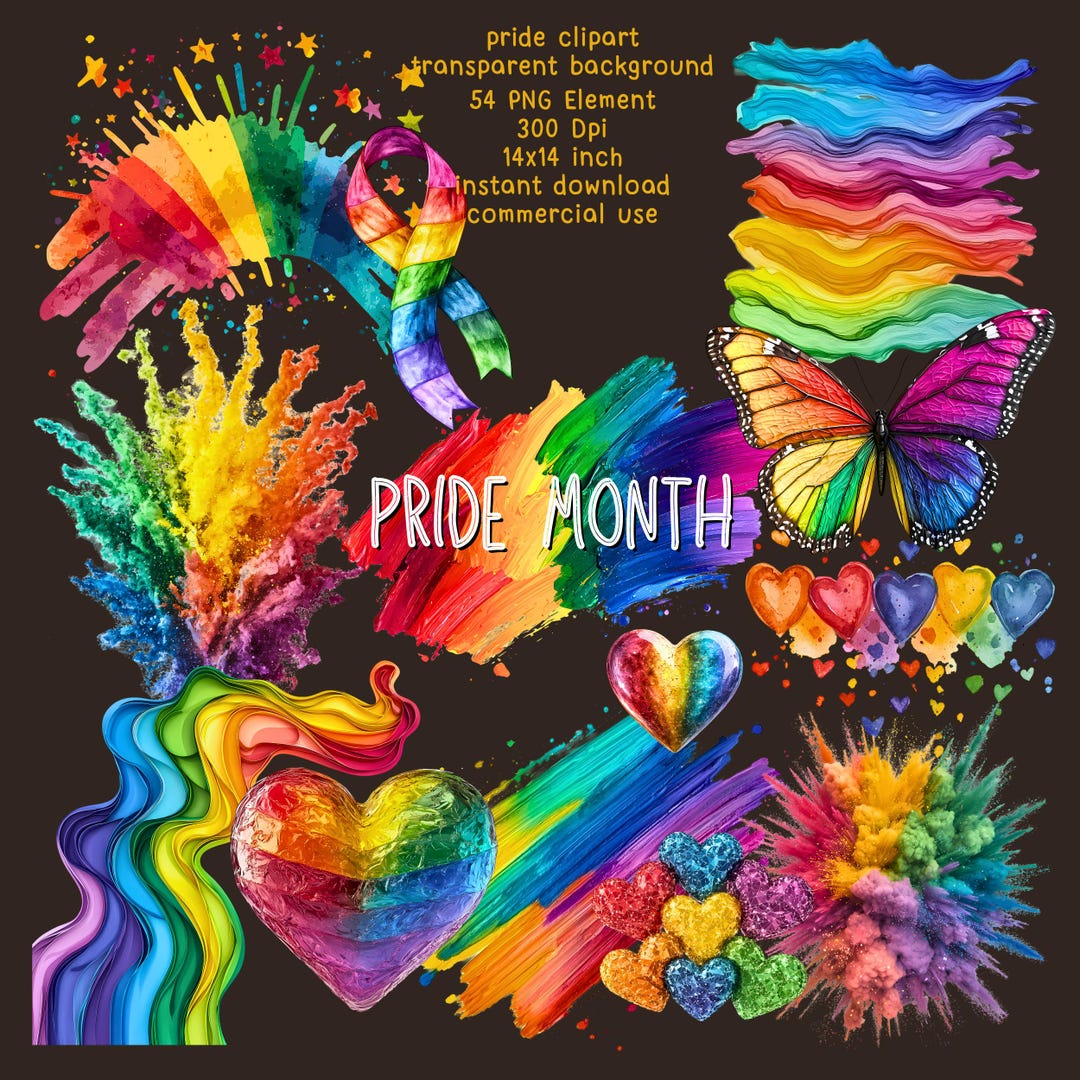 Pride Month LGBTQ Decor Clipart PNG Bundle, 54 Rainbow Elements With ...