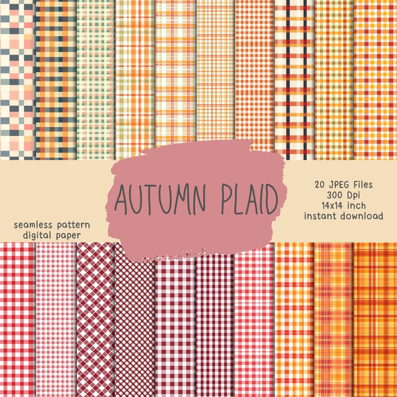 Autumn Plaid Seamless Digital Paper Bundle, Fall Gingham Check Patterns ...