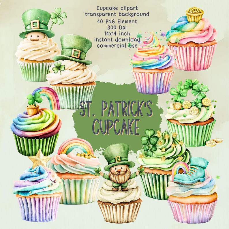 St. Patrick's Day Cupcake Watercolor Clipart, Irish Green Cupcake PNG ...