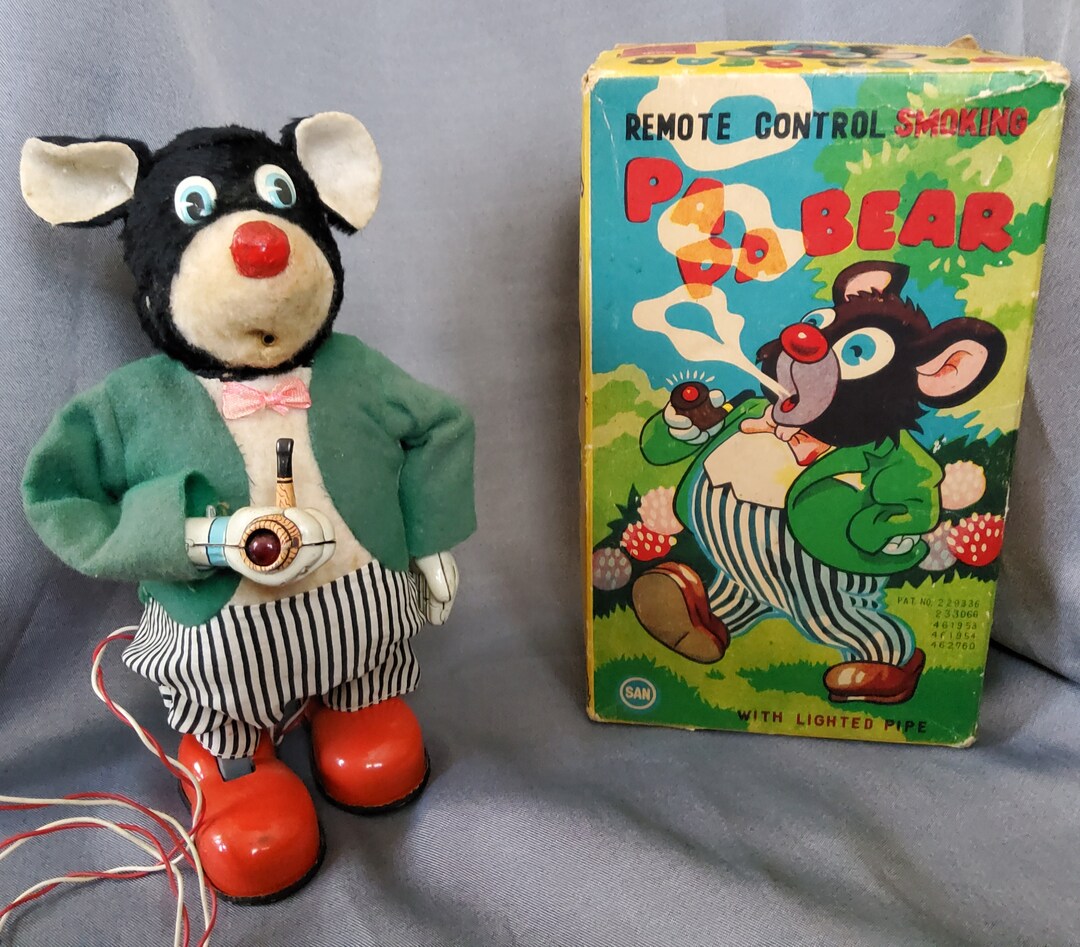 Vintage 1956 SAN Battery Operated Smoking Papa Bear Made in Japan Tin ...