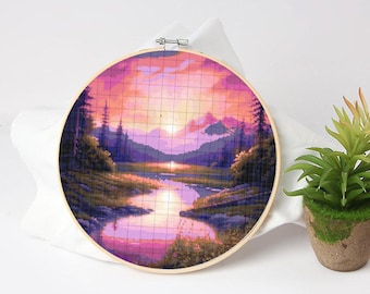 Pixel Art Mountain River Valley Cross Stitch DMC Pattern Instant PDF ...