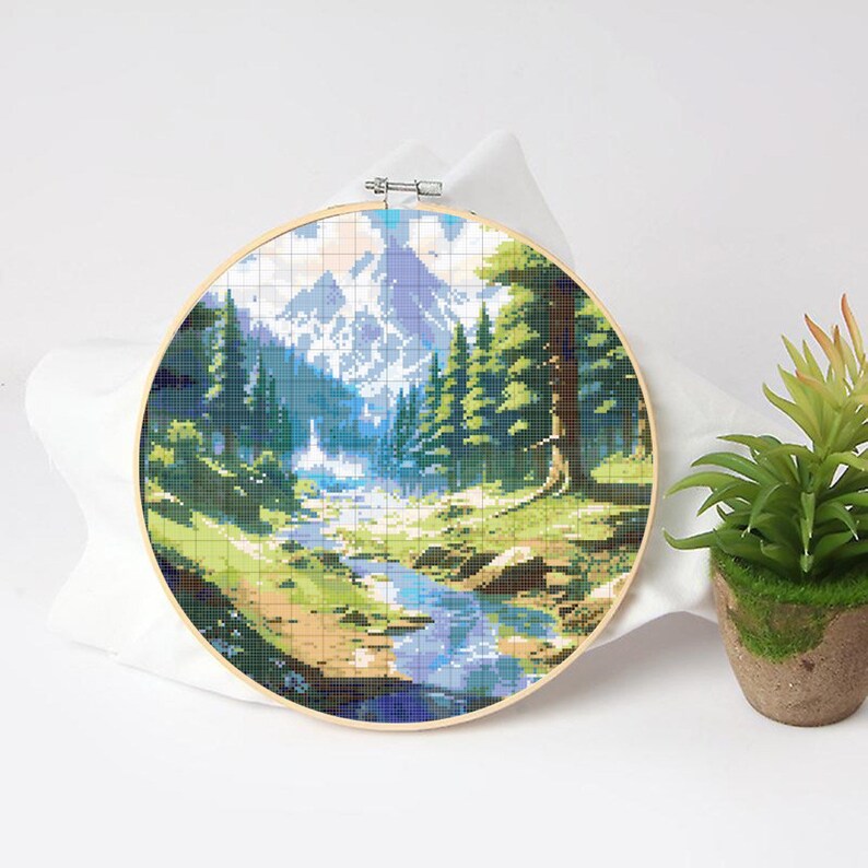 Pixel Art Mountain River Valley Cross Stitch DMC Pattern Instant PDF ...