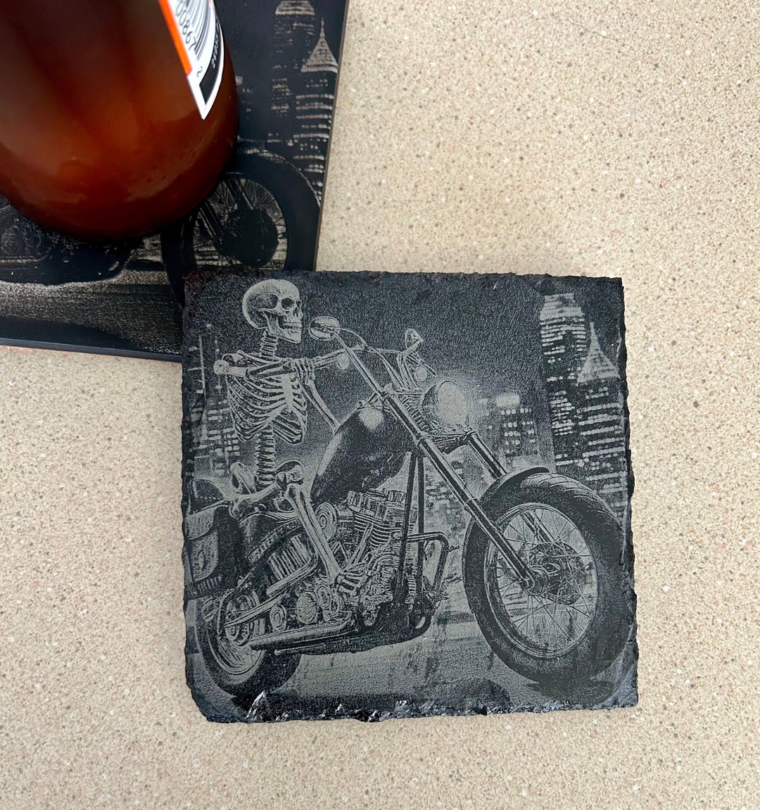 Skeleton Biker Night Ride - Black Slate or Ceramic Coaster Set ...