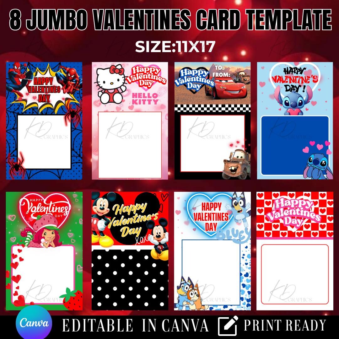 Jumbo Valentine Treat Card Template Bundle: 11x17 Editable Canva ...