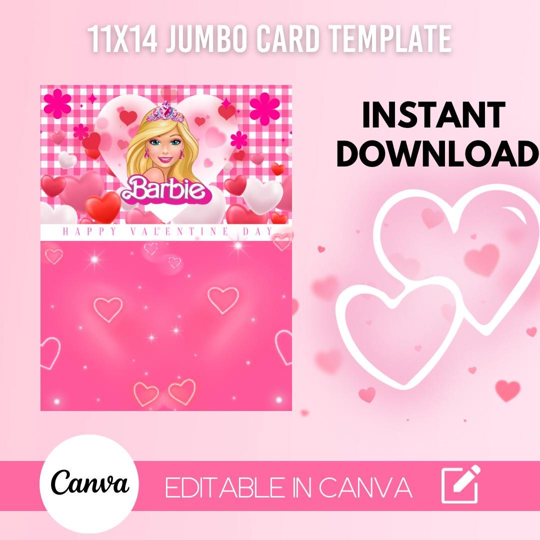 Barbie Valentine Card Template, Valentines Card, Barbie Canva Template ...