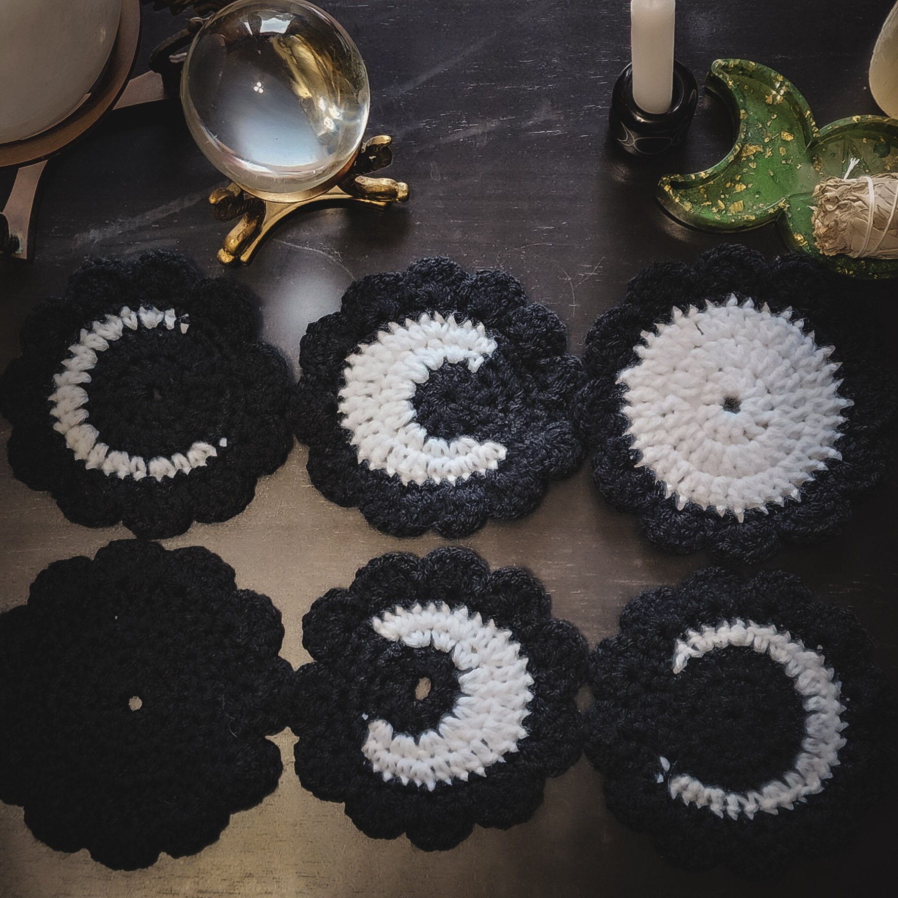 Crocheted Moon Phase Coasters - Set of 6 - Crocheted Coasters ...