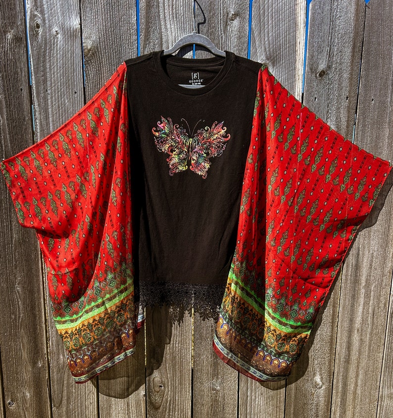 Red Floral Butterfly Poncho Top Chiffon Boho Top Upcycled Poncho Shirt ...