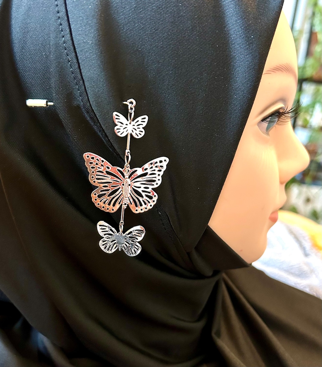 Layered Butterfly Hijab Pin | Dangling Jhoomer Straight Pin | Silver ...