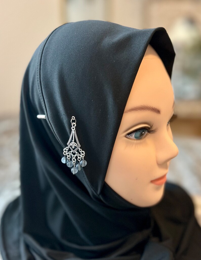 Blue Purple Beaded Hijab Pin Dangle Straight Brooch Silver Toned Tassle ...