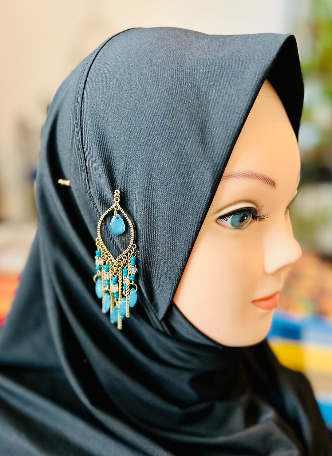Blue Chandelier Tassel Hijab Pin Straight Pin Brooch Teardrop Beaded ...