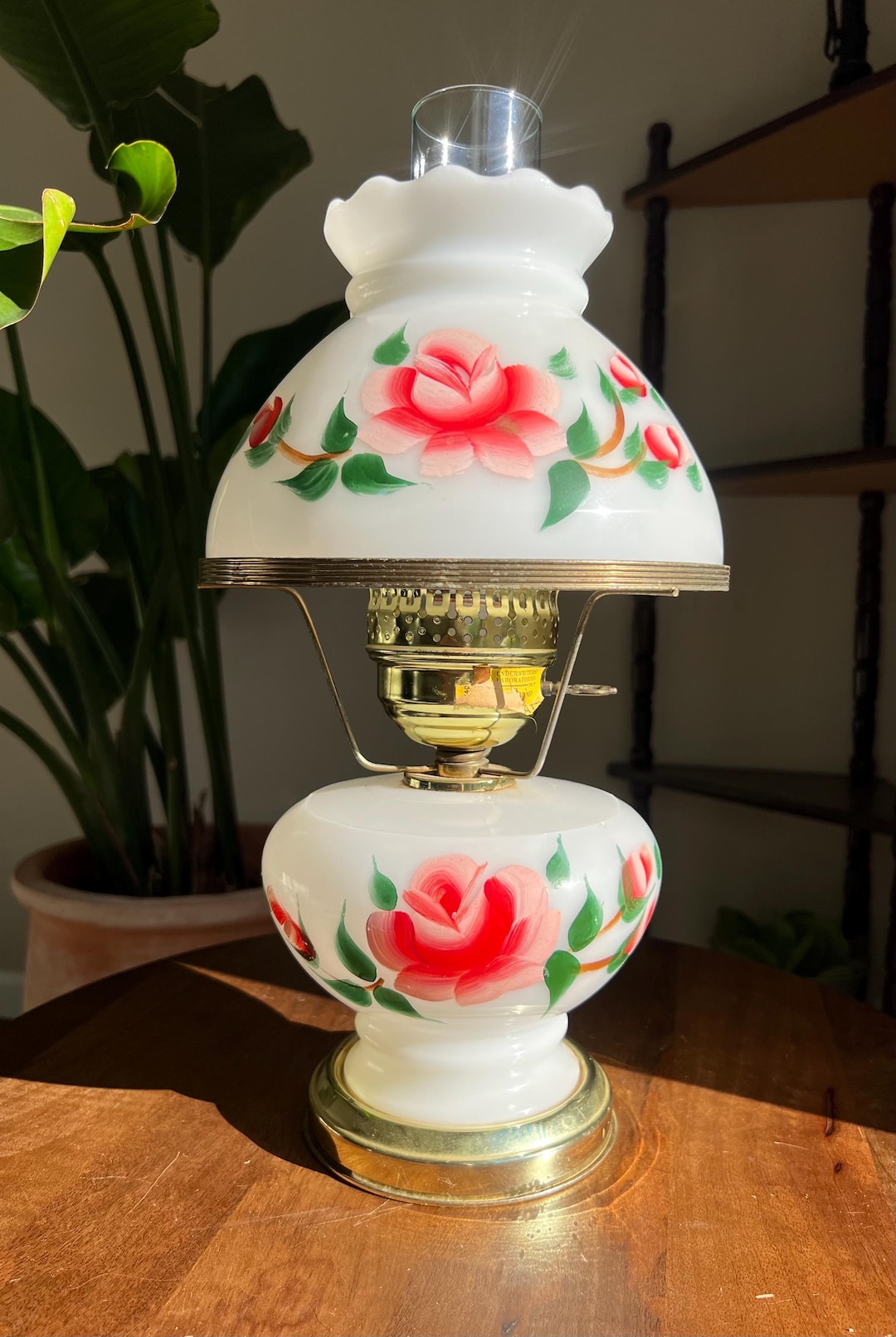 Vintage White Milk Glass Hurricane Table Lamp With Hand Painted Roses ...