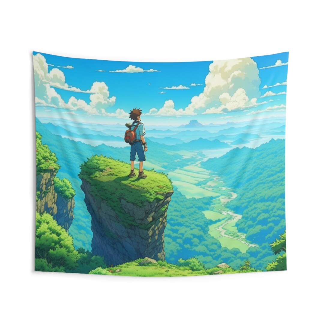 Anime Adventurer Cliffside View Wall Tapestry Lush Landscape, Inspiring ...