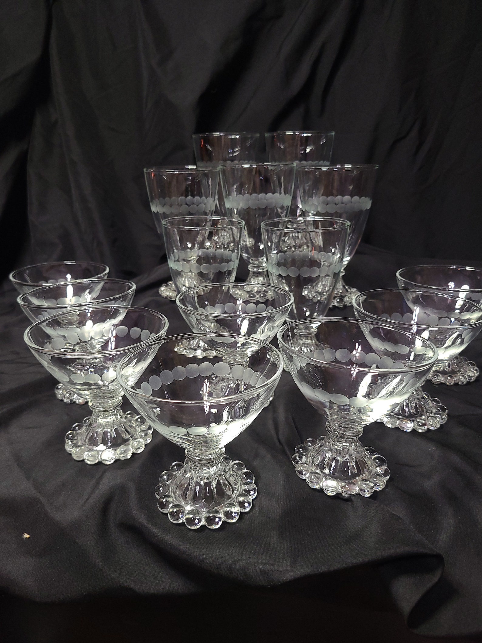 7 Large and 8 Small Berwick-boopie Etched Glass Cordial Glass by Anchor ...