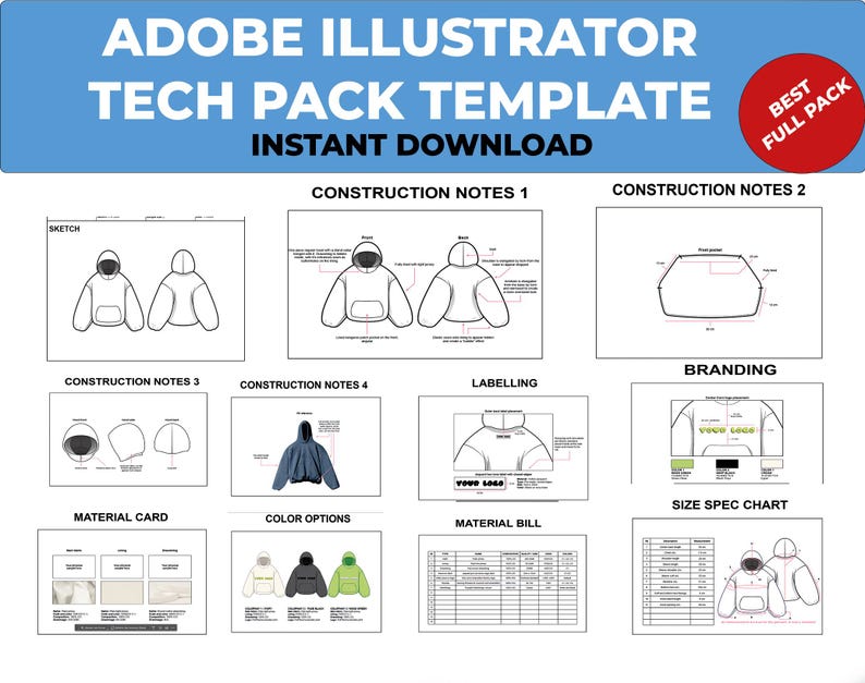 FULL Tech Pack Template Ai. Technical Kit PDF Hoodie Adobe Illustrator ...