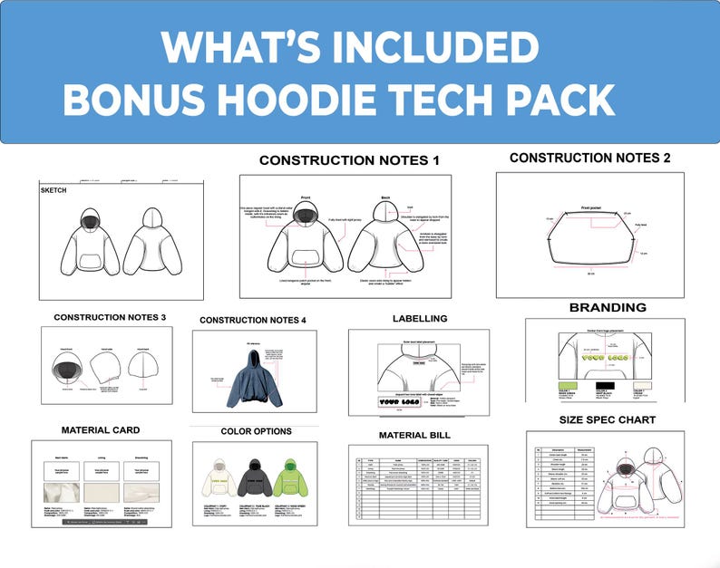FULL Tech Pack Template Ai. Technical Kit PDF Hoodie Adobe Illustrator ...