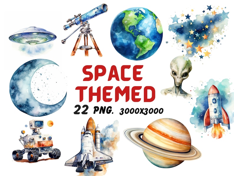 Watercolor Space Themed 22 Clipart, Galaxy Planets Clipart, Astronaut ...