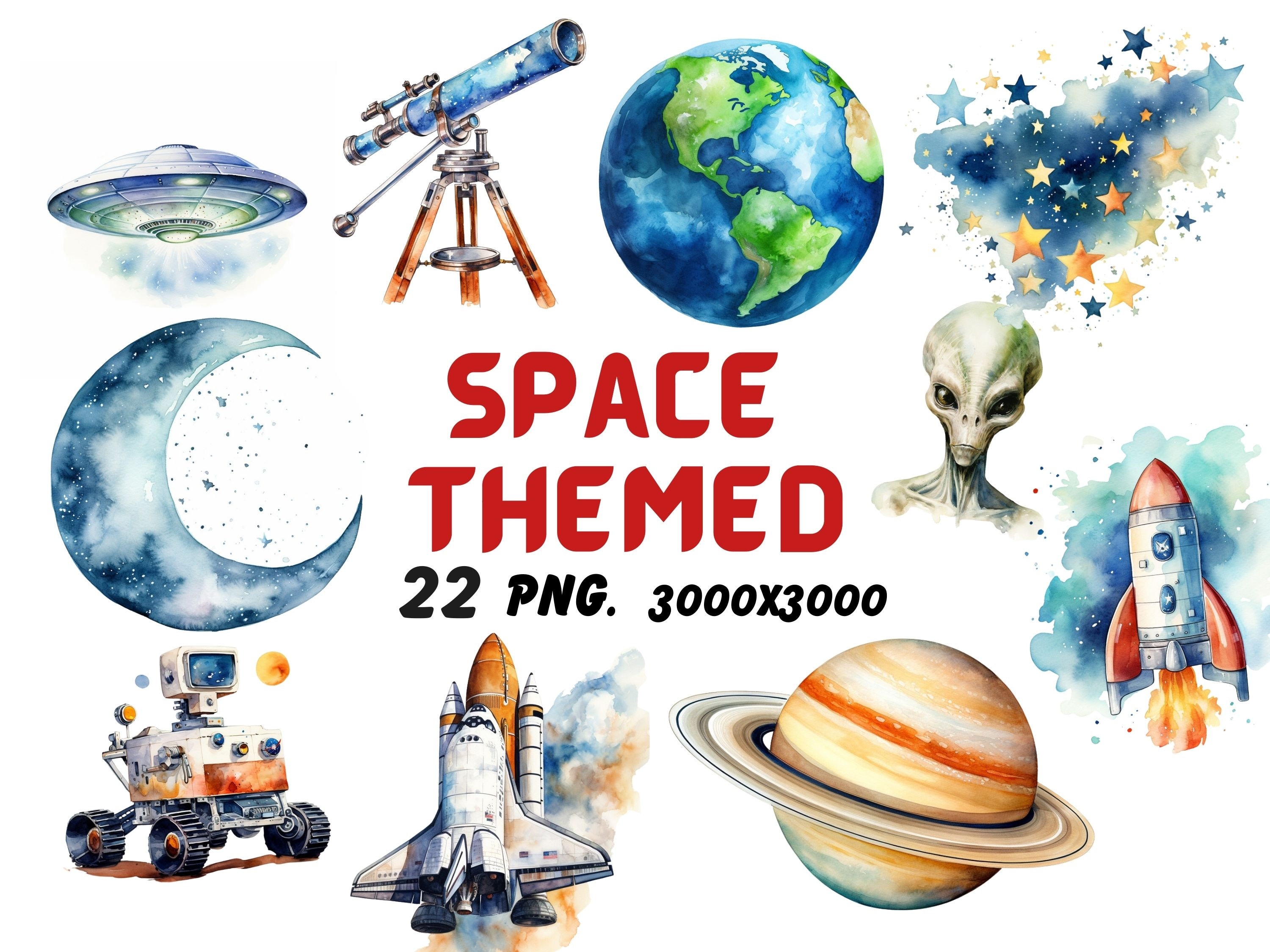 Watercolor Space Themed 22 Clipart, Galaxy Planets Clipart, Astronaut ...