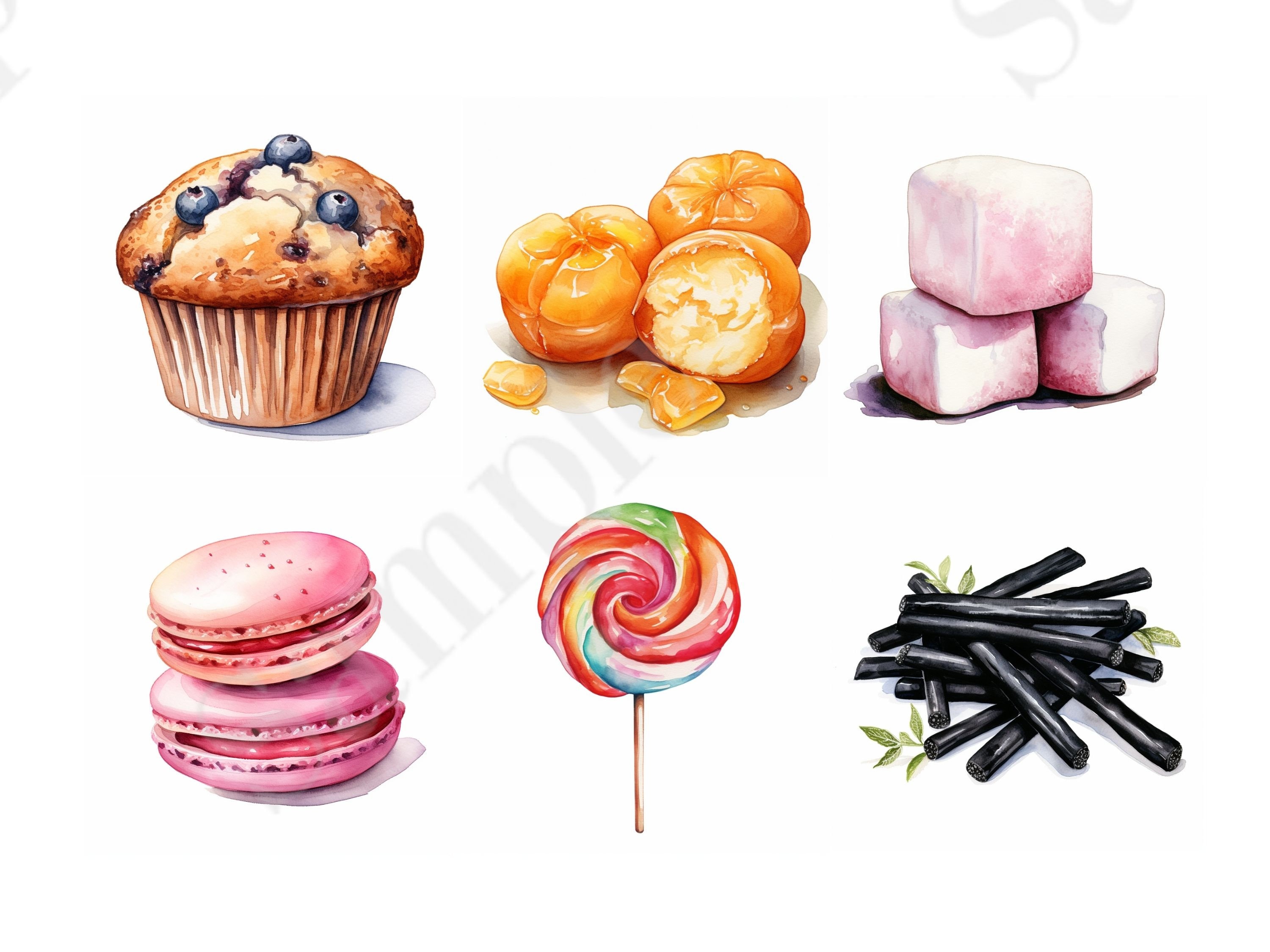 Watercolor Cute Sweets 40 Clipart, Chocolate Cookies, Sweet Macarons ...