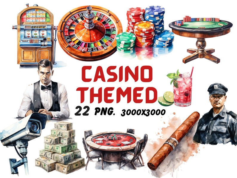 Watercolor Casino Themed Clipart, Las Vegas Clipart, Casino ...