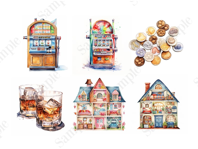 Watercolor Casino Themed Clipart, Las Vegas Clipart, Casino ...
