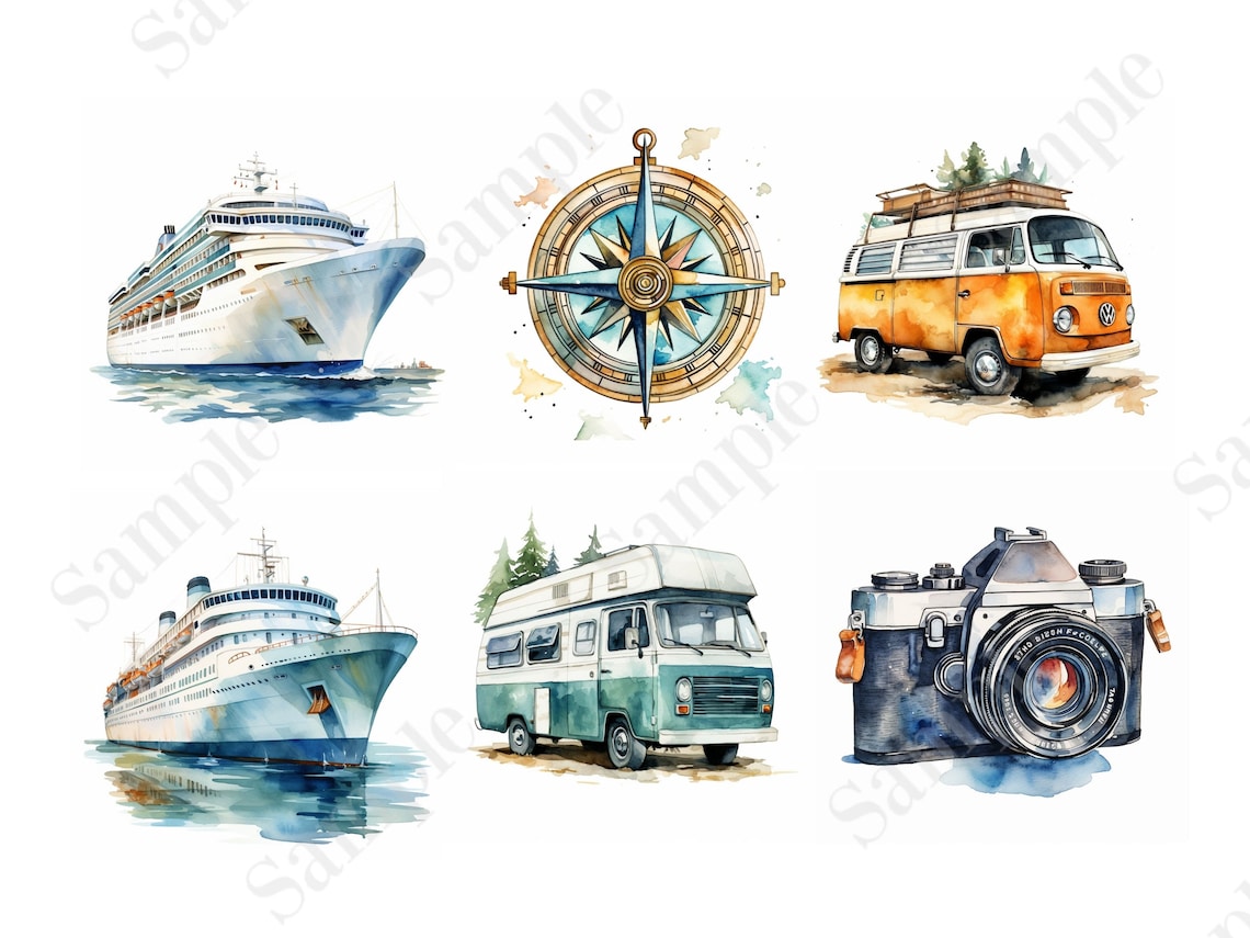 Watercolor Travel Themed Clipart, Summer Camper Clipart, Travel ...