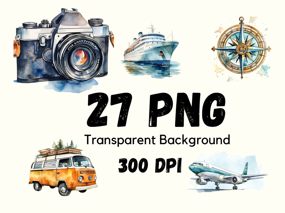 Watercolor Travel Themed Clipart, Summer Camper Clipart, Travel ...