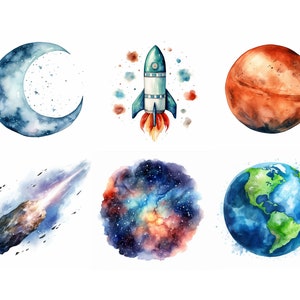 Watercolor Space Themed 22 Clipart, Galaxy Planets Clipart, Astronaut ...