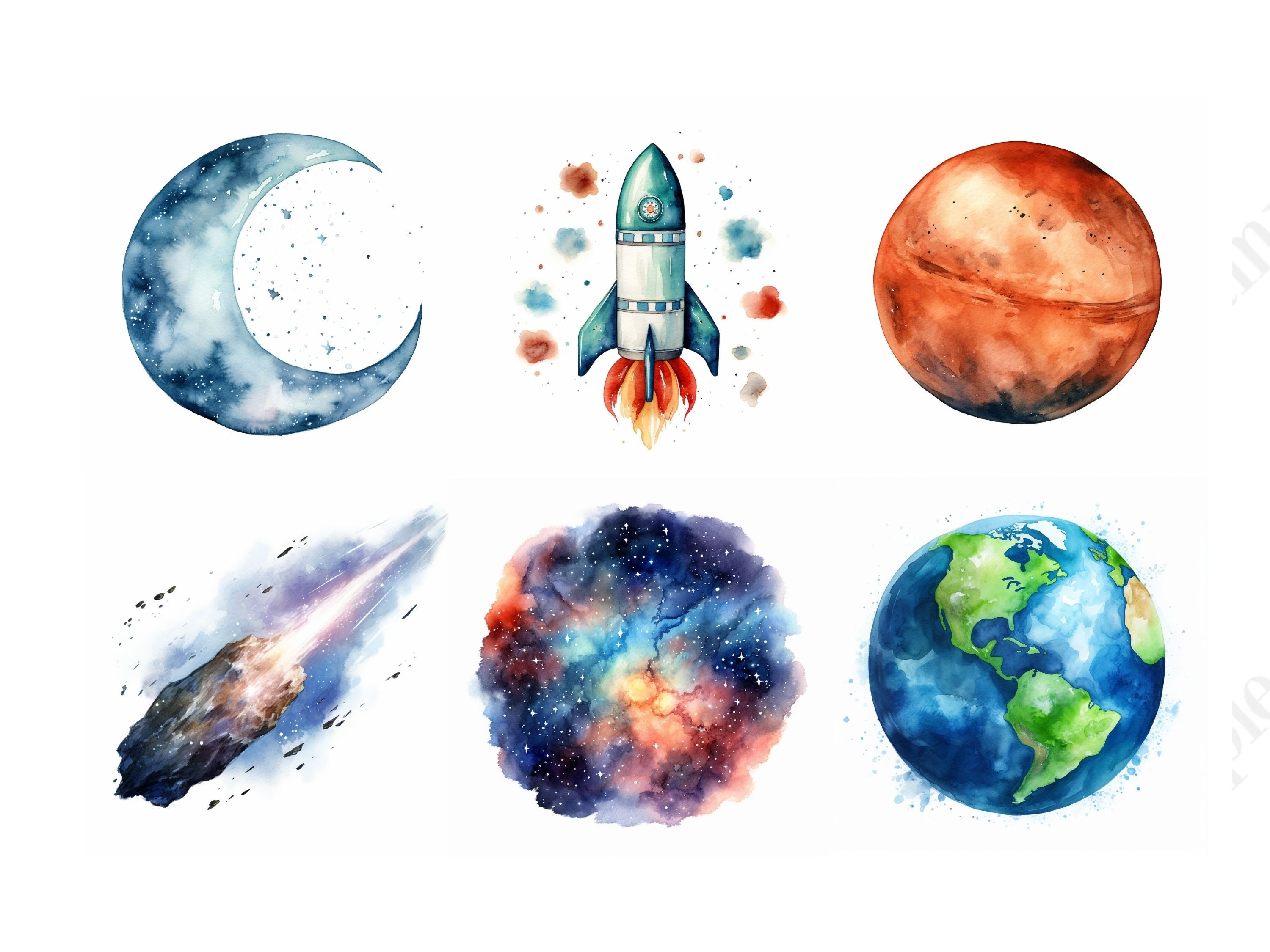 Watercolor Space Themed 22 Clipart, Galaxy Planets Clipart, Astronaut ...